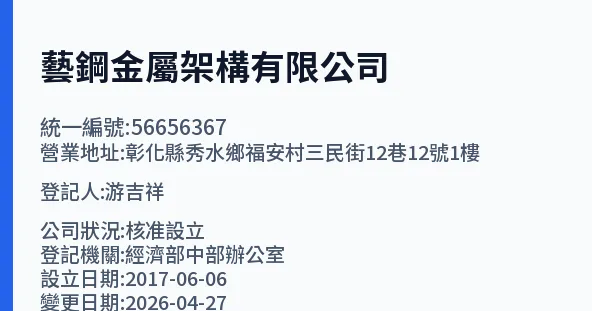 藝鋼金屬架構有限公司的照片-統編 56656367(彰化縣) 公司登記資料與營業項目詳細圖表
