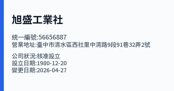 旭盛工業社的照片-統編 56656887(臺中市) 公司登記資料與營業項目詳細圖表