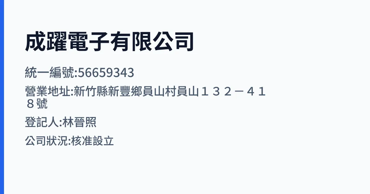 成躍電子有限公司 - 統編 56659343(新竹縣) 公司登記資料與營業項目詳細圖表