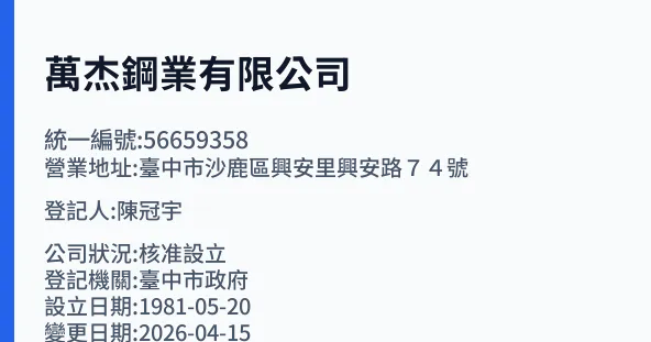 萬杰鋼業有限公司的照片-統編 56659358(臺中市) 公司登記資料與營業項目詳細圖表