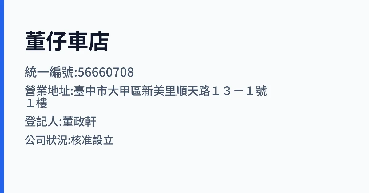 董仔車店 - 統編 56660708(臺中市) 公司登記資料與營業項目詳細圖表