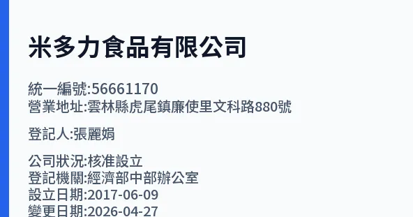 米多力食品有限公司的照片-統編 56661170(雲林縣) 公司登記資料與營業項目詳細圖表