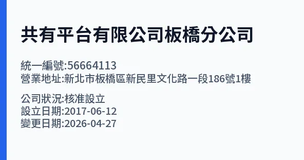 共有平台有限公司板橋分公司的照片-統編 56664113(新北市) 公司登記資料與營業項目詳細圖表