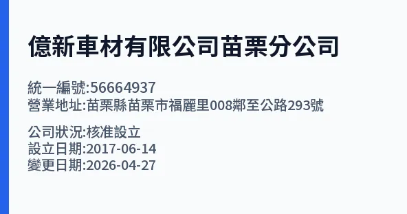 億新車材有限公司苗栗分公司的照片-統編 56664937(苗栗縣) 公司登記資料與營業項目詳細圖表
