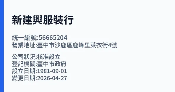新建興服裝行的照片-統編 56665204(臺中市) 公司登記資料與營業項目詳細圖表