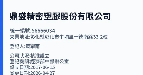 鼎盛精密塑膠股份有限公司的照片-統編 56666034(彰化縣) 公司登記資料與營業項目詳細圖表