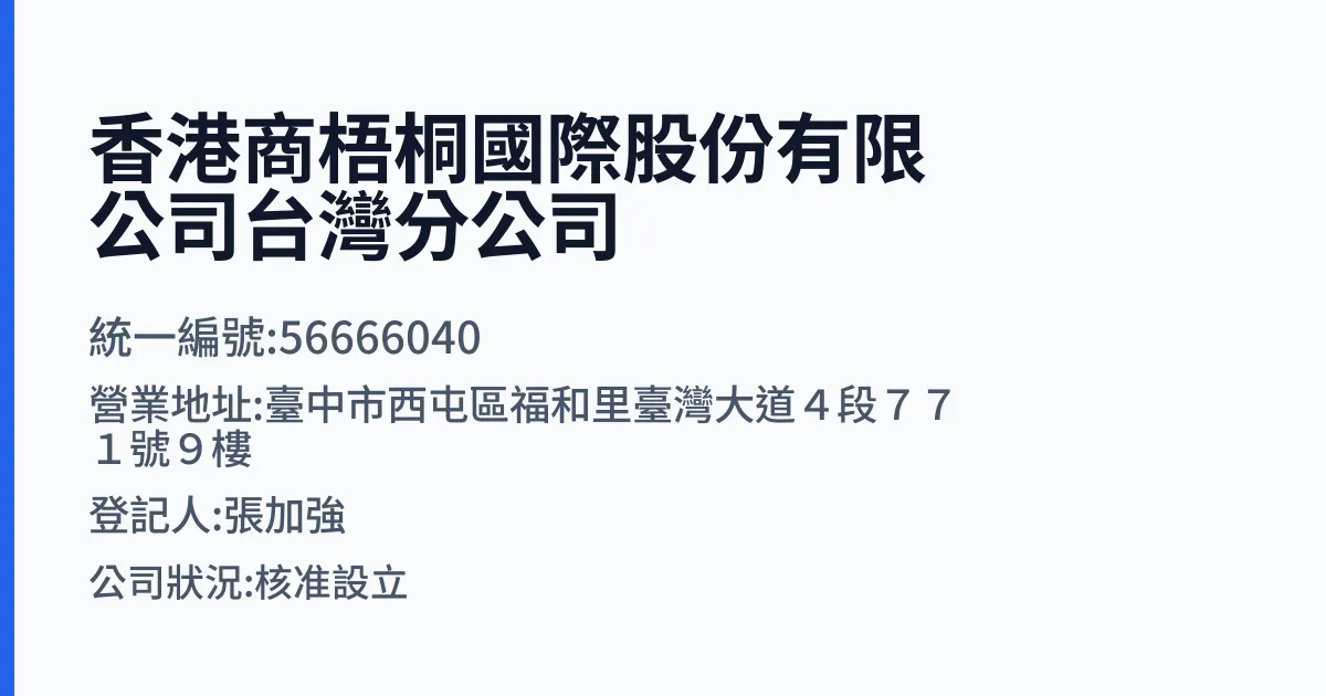 香港商梧桐國際股份有限公司台灣分公司 - 統編 56666040(臺中市) 公司登記資料與營業項目詳細圖表