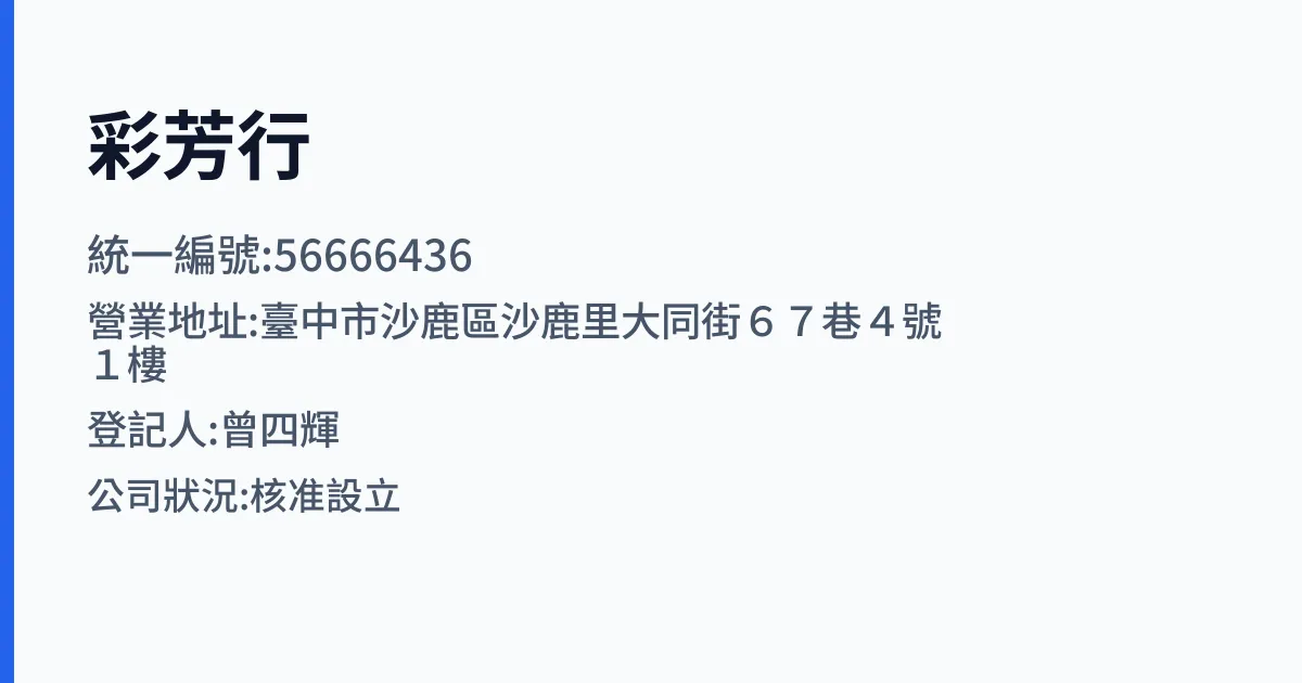 彩芳行 - 統編 56666436(臺中市) 公司登記資料與營業項目詳細圖表