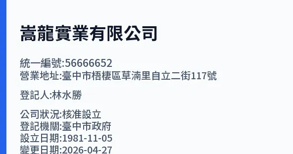 嵩龍實業有限公司的照片-統編 56666652(臺中市) 公司登記資料與營業項目詳細圖表