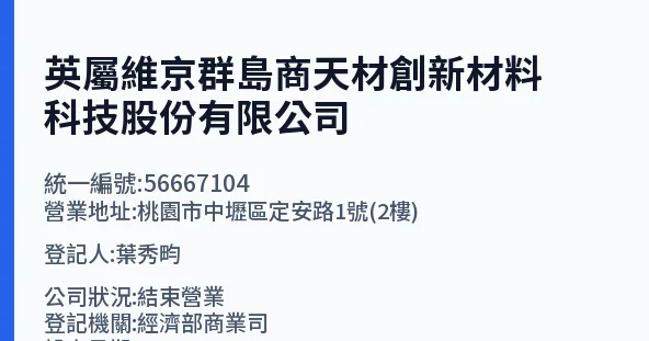 英屬維京群島商天材創新材料科技股份有限公司的照片-統編 56667104(桃園市) 公司登記資料與營業項目詳細圖表