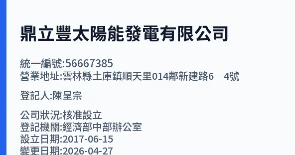 鼎立豐太陽能發電有限公司的照片-統編 56667385(雲林縣) 公司登記資料與營業項目詳細圖表