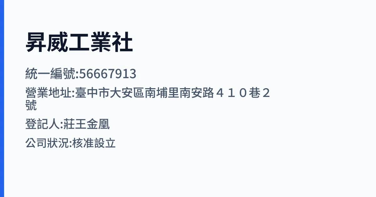 昇威工業社 - 統編 56667913(臺中市) 公司登記資料與營業項目詳細圖表