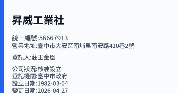昇威工業社的照片-統編 56667913(臺中市) 公司登記資料與營業項目詳細圖表