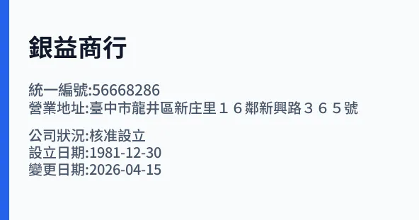 銀益商行的照片-統編 56668286(臺中市) 公司登記資料與營業項目詳細圖表