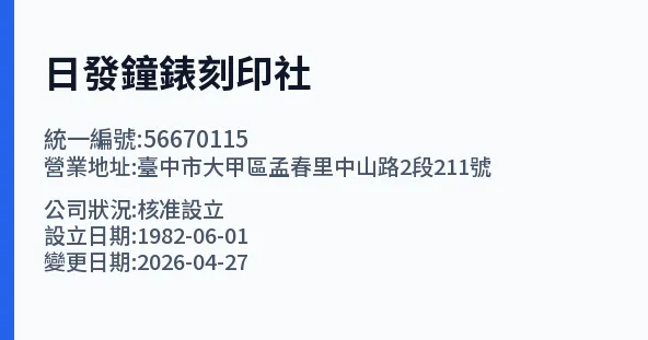 日發鐘錶刻印社的照片-統編 56670115(臺中市) 公司登記資料與營業項目詳細圖表