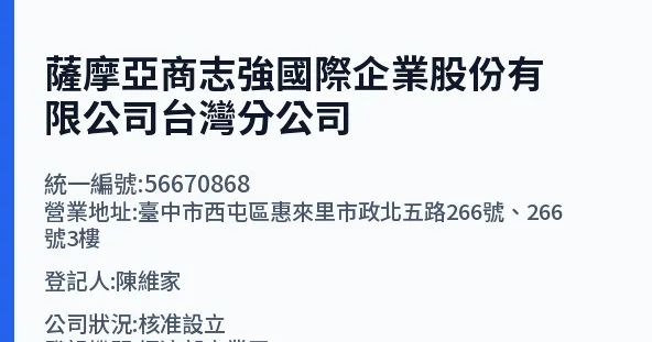 薩摩亞商志強國際企業股份有限公司台灣分公司的照片-統編 56670868(臺中市) 公司登記資料與營業項目詳細圖表