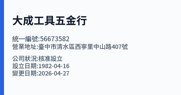大成工具五金行的照片-統編 56673582(臺中市) 公司登記資料與營業項目詳細圖表