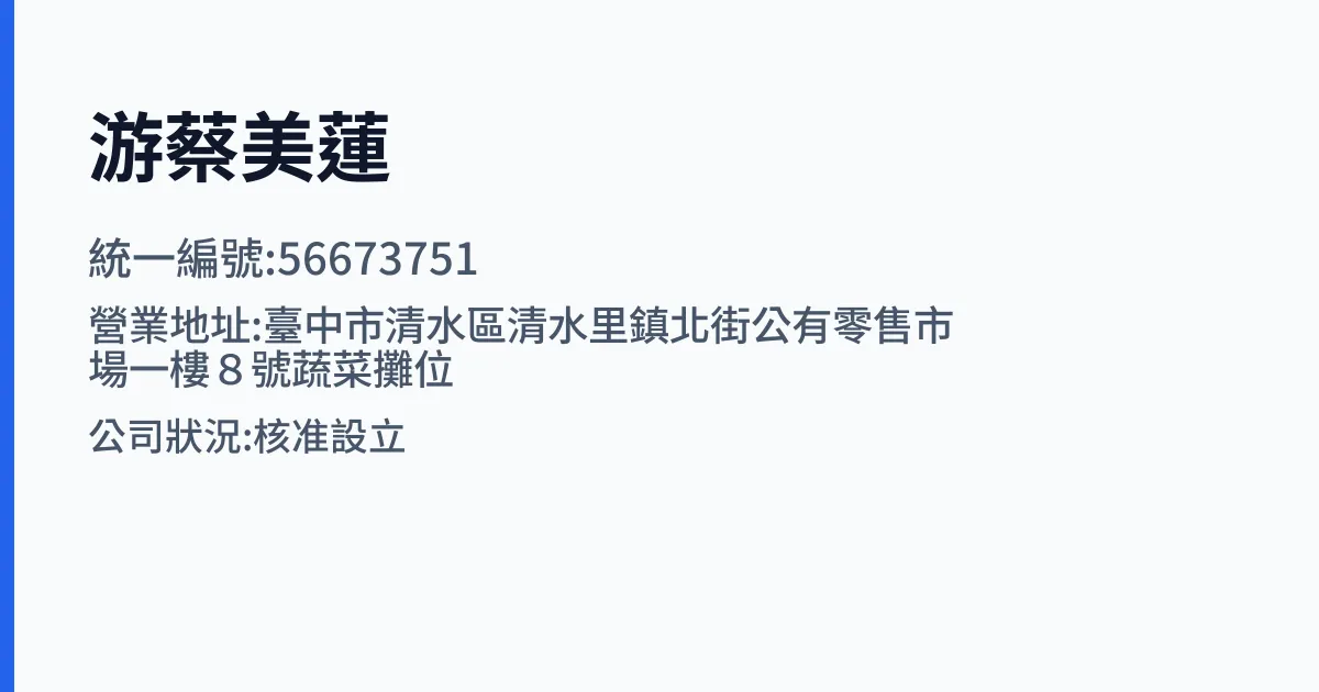 游蔡美蓮 - 統編 56673751(臺中市) 公司登記資料與營業項目詳細圖表