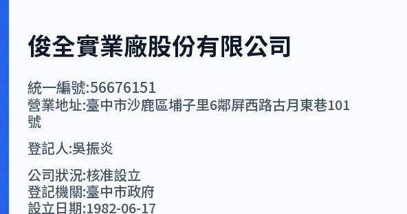 俊全實業廠股份有限公司的照片-統編 56676151(臺中市) 公司登記資料與營業項目詳細圖表