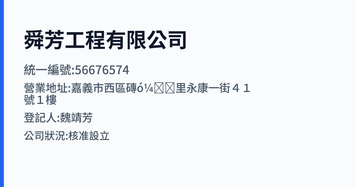 舜芳工程有限公司 - 統編 56676574(嘉義市) 公司登記資料與營業項目詳細圖表