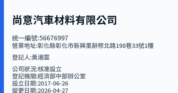 尚意汽車材料有限公司的照片-統編 56676997(彰化縣) 公司登記資料與營業項目詳細圖表