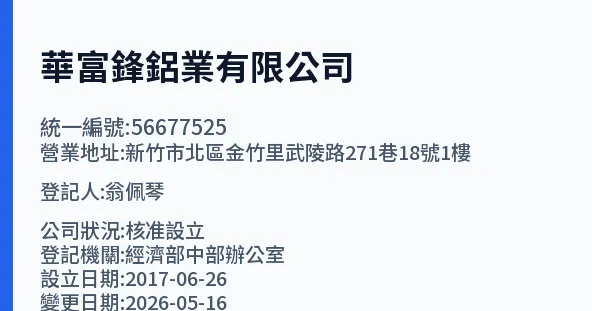 華富鋒鋁業有限公司的照片-統編 56677525(新竹市) 公司登記資料與營業項目詳細圖表