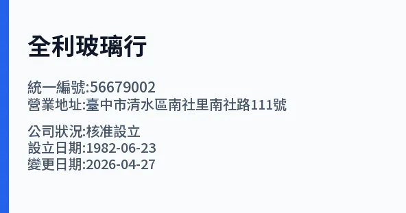 全利玻璃行的照片-統編 56679002(臺中市) 公司登記資料與營業項目詳細圖表