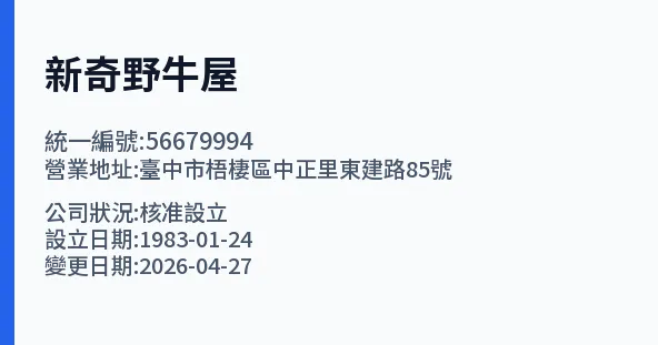 新奇野牛屋的照片-統編 56679994(臺中市) 公司登記資料與營業項目詳細圖表