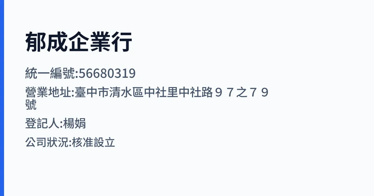 郁成企業行 - 統編 56680319(臺中市) 公司登記資料與營業項目詳細圖表