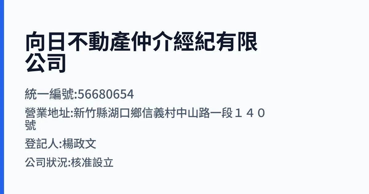 向日不動產仲介經紀有限公司 - 統編 56680654(新竹縣) 公司登記資料與營業項目詳細圖表