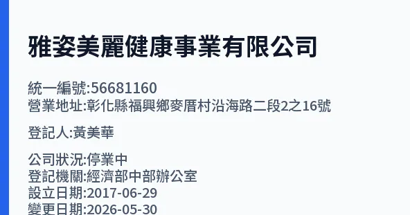 雅姿美麗健康事業有限公司的照片-統編 56681160(彰化縣) 公司登記資料與營業項目詳細圖表