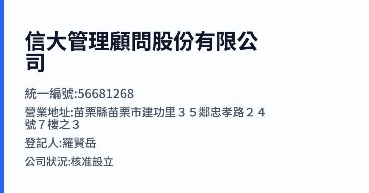 信大管理顧問股份有限公司 - 統編 56681268(苗栗縣) 公司登記資料與營業項目詳細圖表
