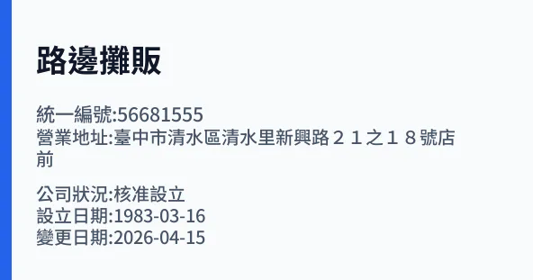 路邊攤販的照片-統編 56681555(臺中市) 公司登記資料與營業項目詳細圖表