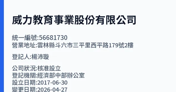 威力教育事業股份有限公司的照片-統編 56681730(雲林縣) 公司登記資料與營業項目詳細圖表