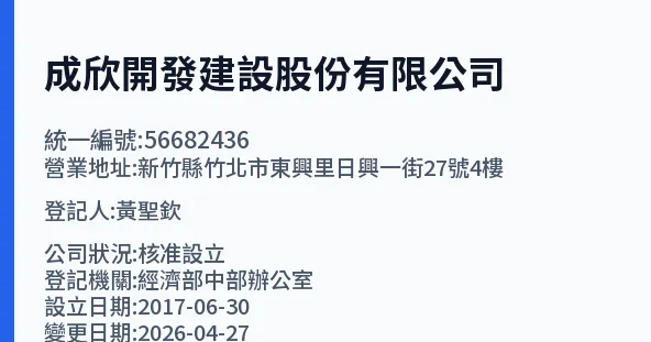 成欣開發建設股份有限公司的照片-統編 56682436(新竹縣) 公司登記資料與營業項目詳細圖表
