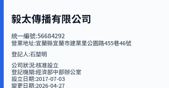 毅太傳播有限公司的照片-統編 56684292(宜蘭縣) 公司登記資料與營業項目詳細圖表