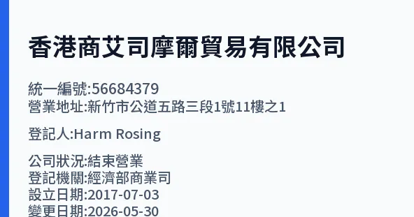 香港商艾司摩爾貿易有限公司的照片-統編 56684379(新竹縣) 公司登記資料與營業項目詳細圖表
