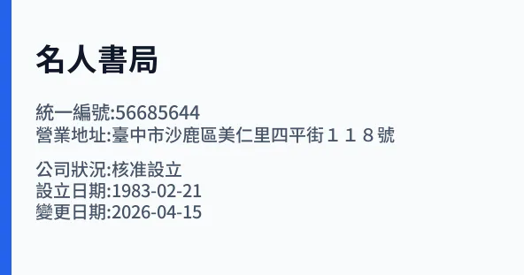 名人書局的照片-統編 56685644(臺中市) 公司登記資料與營業項目詳細圖表