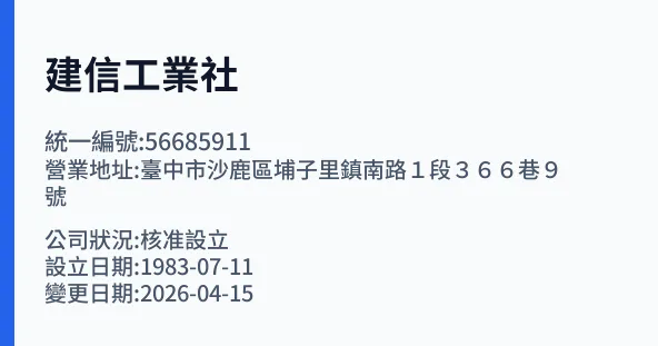 建信工業社的照片-統編 56685911(臺中市) 公司登記資料與營業項目詳細圖表