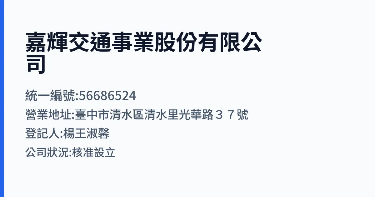 嘉輝交通事業股份有限公司 - 統編 56686524(臺中市) 公司登記資料與營業項目詳細圖表