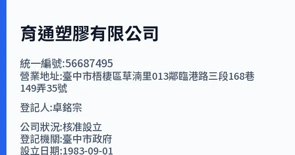 育通塑膠有限公司的照片-統編 56687495(臺中市) 公司登記資料與營業項目詳細圖表