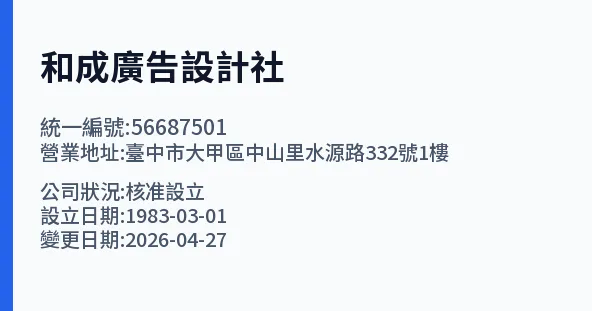 和成廣告設計社的照片-統編 56687501(臺中市) 公司登記資料與營業項目詳細圖表