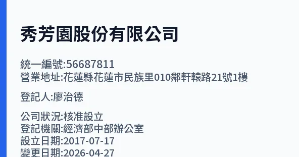 秀芳園股份有限公司的照片-統編 56687811(花蓮縣) 公司登記資料與營業項目詳細圖表