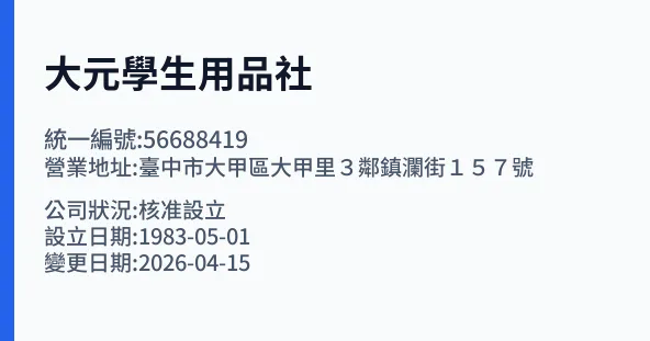 大元學生用品社的照片-統編 56688419(臺中市) 公司登記資料與營業項目詳細圖表