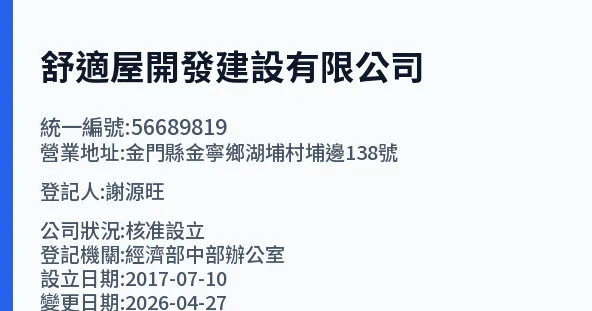 舒適屋開發建設有限公司的照片-統編 56689819(金門縣) 公司登記資料與營業項目詳細圖表