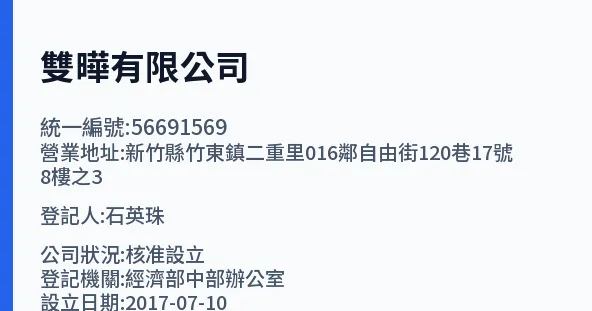 雙曄有限公司的照片-統編 56691569(新竹縣) 公司登記資料與營業項目詳細圖表
