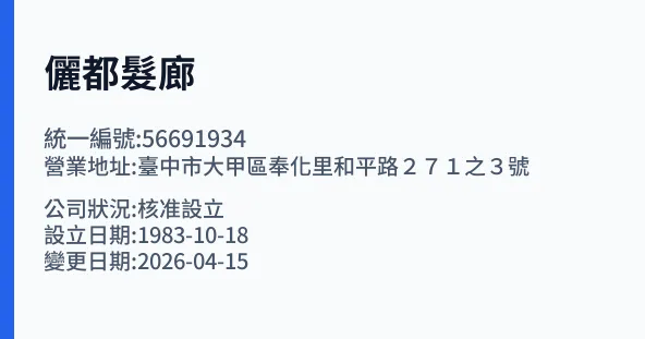儷都髮廊的照片-統編 56691934(臺中市) 公司登記資料與營業項目詳細圖表
