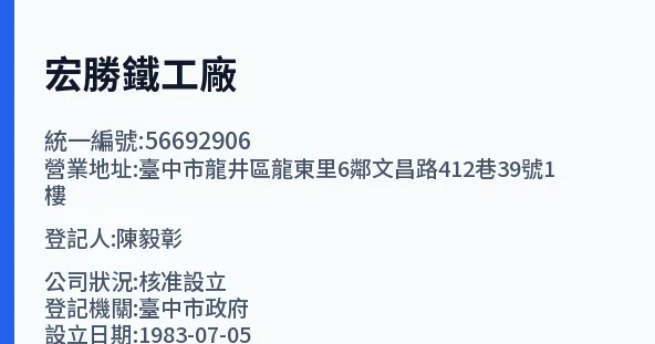 宏勝鐵工廠的照片-統編 56692906(臺中市) 公司登記資料與營業項目詳細圖表