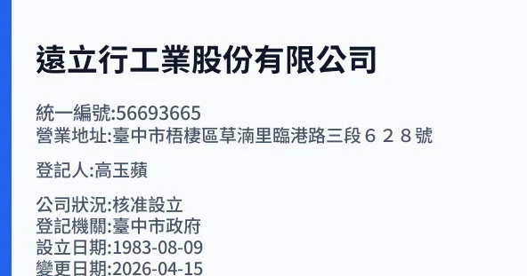 遠立行工業股份有限公司的照片-統編 56693665(臺中市) 公司登記資料與營業項目詳細圖表