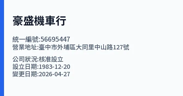 豪盛機車行的照片-統編 56695447(臺中市) 公司登記資料與營業項目詳細圖表